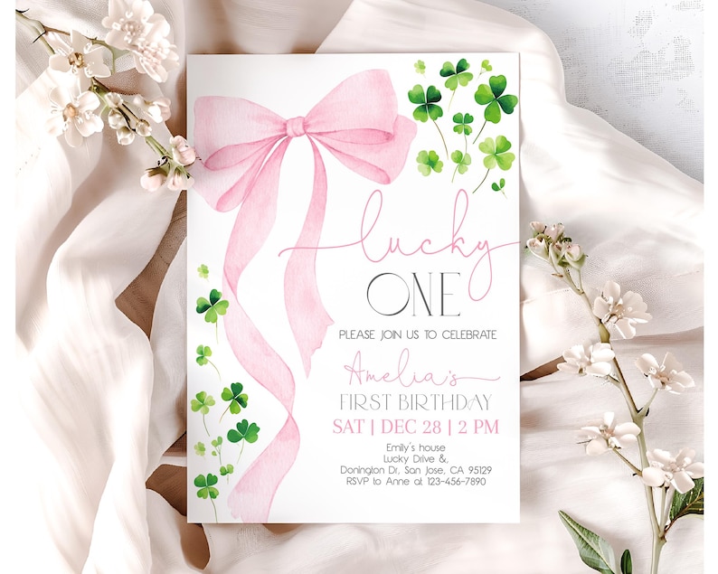 Lucky One Birthday Invitation St Patricks Day Invite Pink Bow Coquette ...