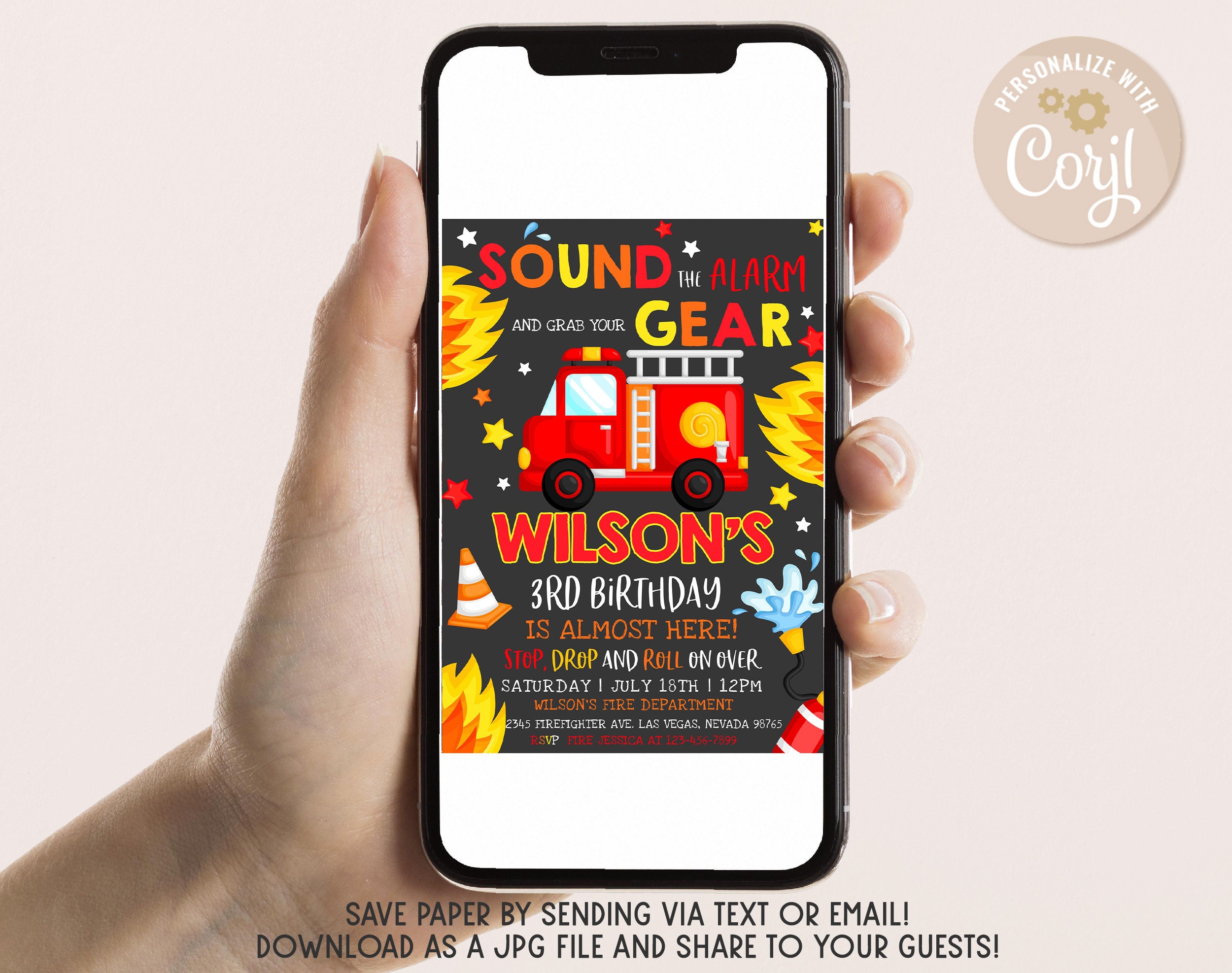 Firetruck Birthday Invitation Firefighter Birthday Invite Fireman Party ...