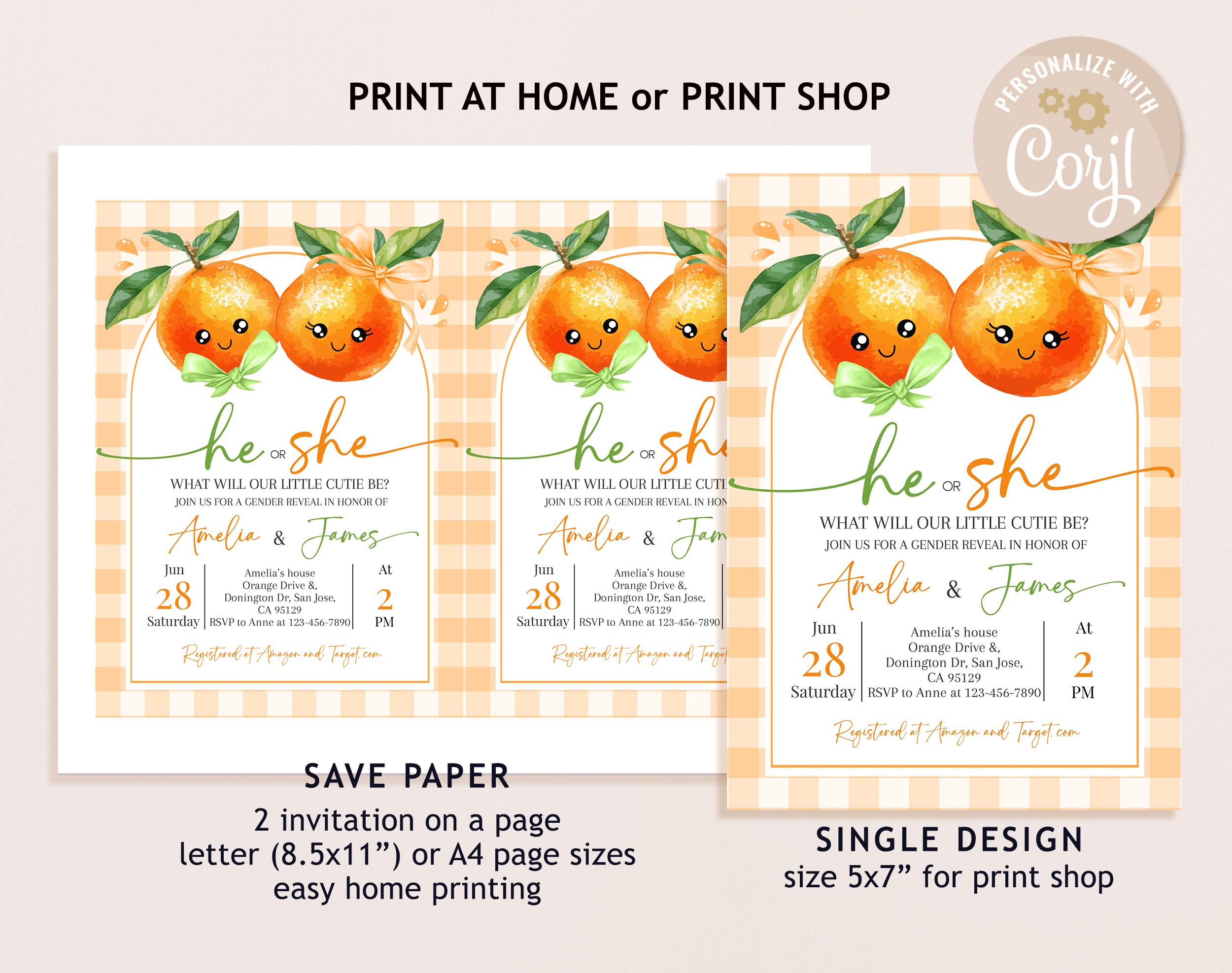 Orange Gender Reveal Invitation A Little Cutie is on the Way Citrus ...