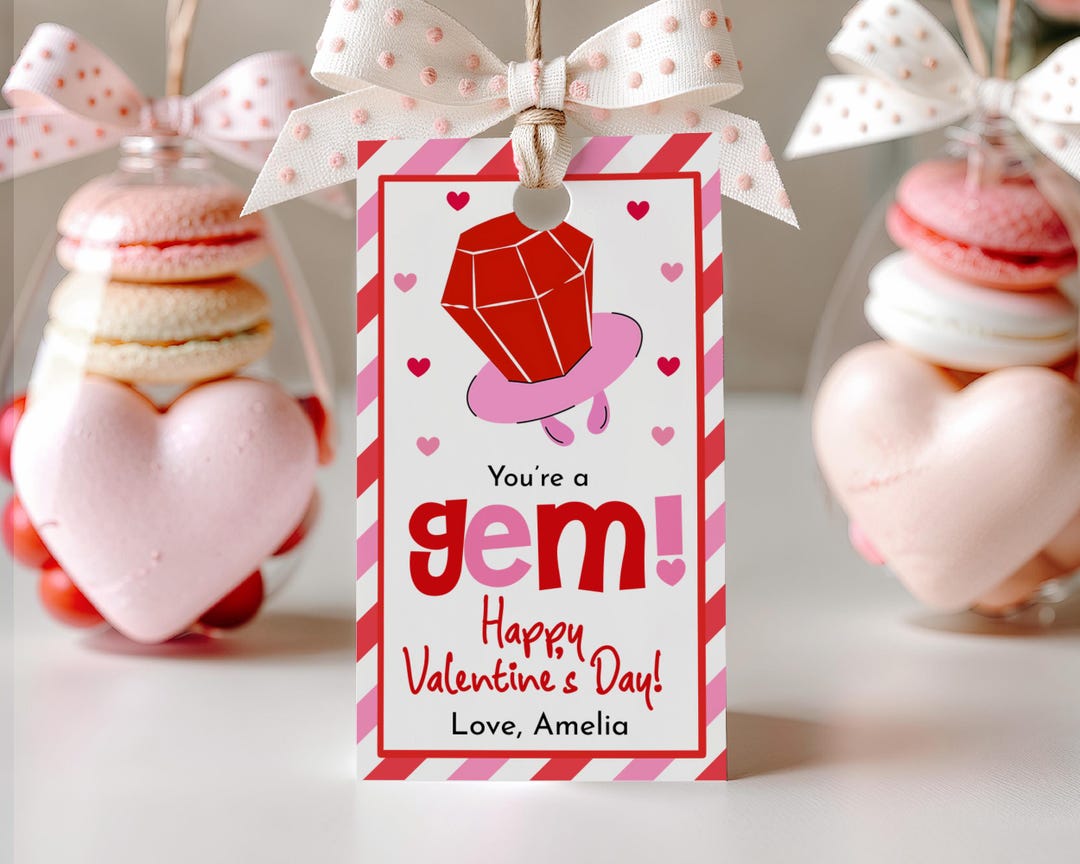 You're a Gem Valentine Tag, Ring Pop Valentine's Day Gift Tag, Pink Red ...
