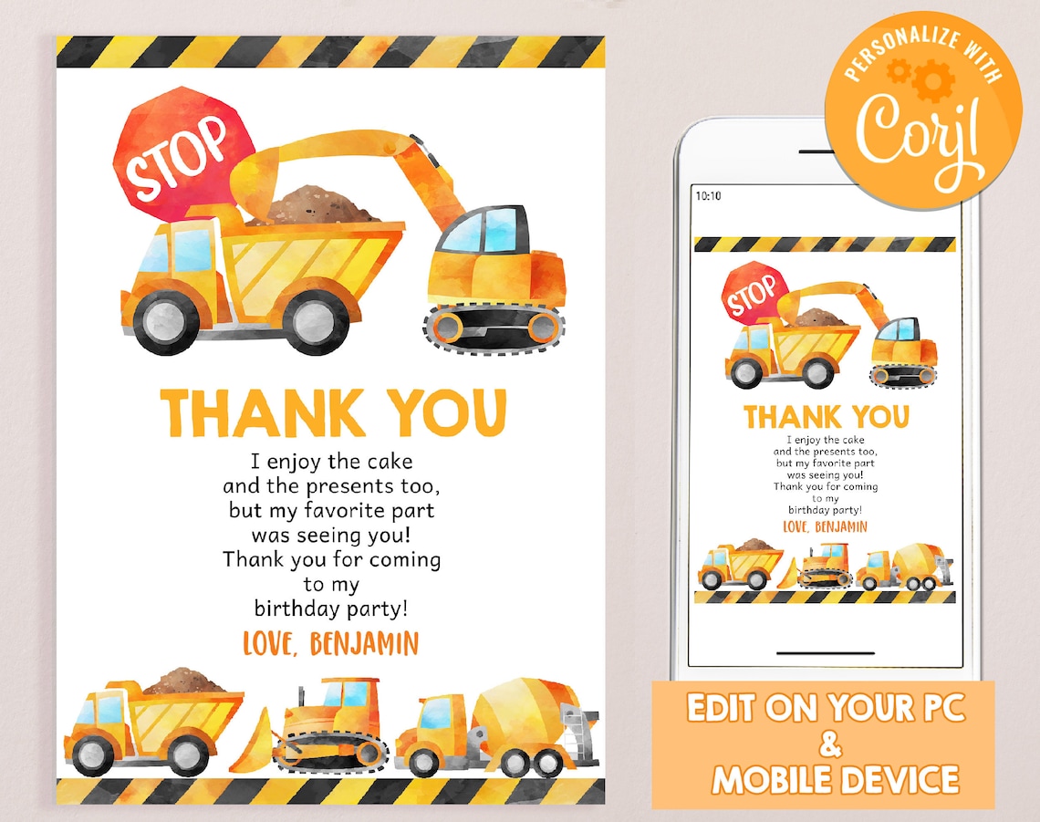 EDITABLE Construction Thank You Cards Boy Birthday Party Thank - Etsy