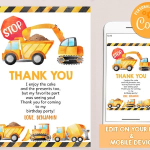 EDITABLE Construction Thank You Cards Boy Birthday Party Thank You ...