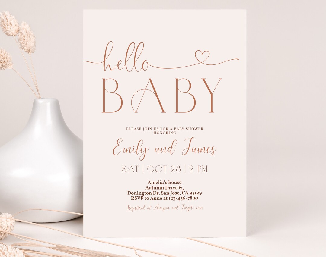 Hello Baby Invitation Fall Baby Shower Invite Boho Pink Girl Terracotta ...