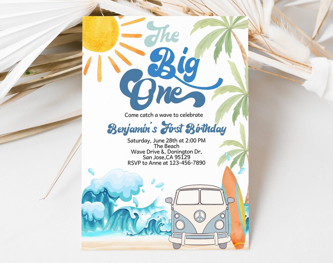 The Big One Surf Birthday Invitation Boy Surfs up 1st Birthday Invite ...