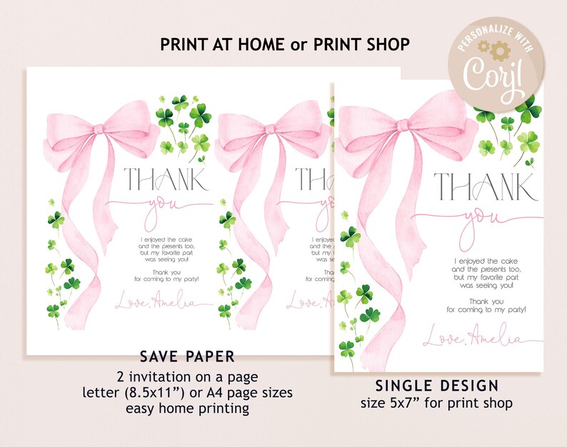 Pink Bow Shamrock Birthday Thank You Card Coquette Baby Shower Thank ...