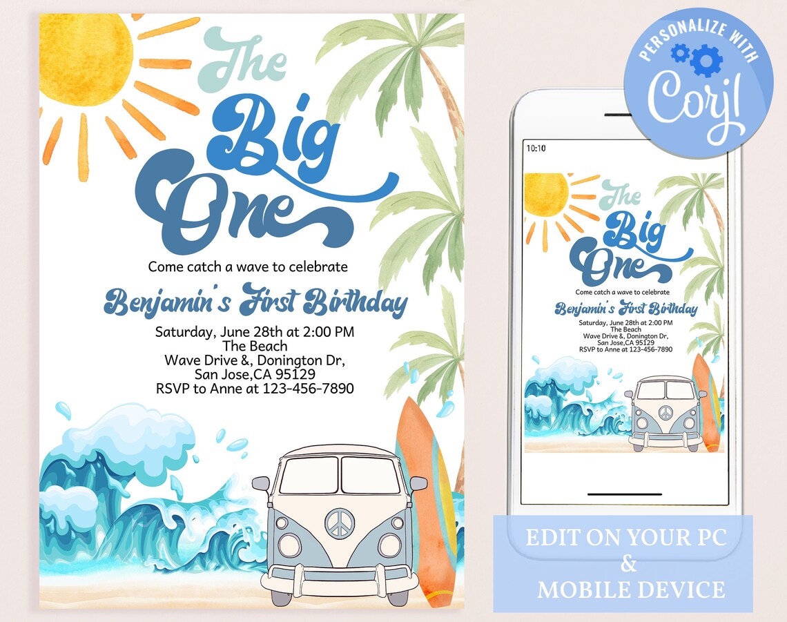 The Big One Surf Birthday Invitation Boy Surfs up 1st Birthday Invite ...