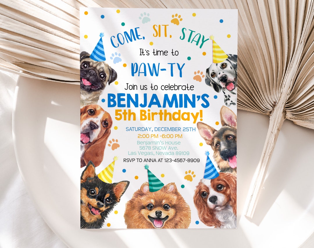 Dog Birthday Invitation Boy 1st First Birthday Party Invite Blue Puppy ...