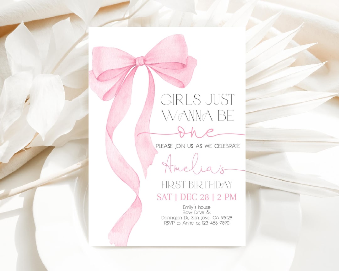 Pink Bow 1st Birthday Invitation, Girls Just Wanna Be ONE, Coquette ...
