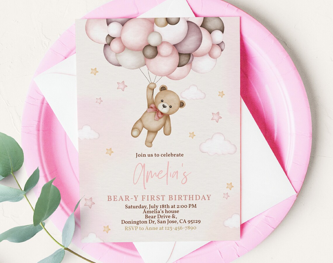 Teddy Bear Invitation Birthday Party Invites Girl Boho Picnic - Etsy