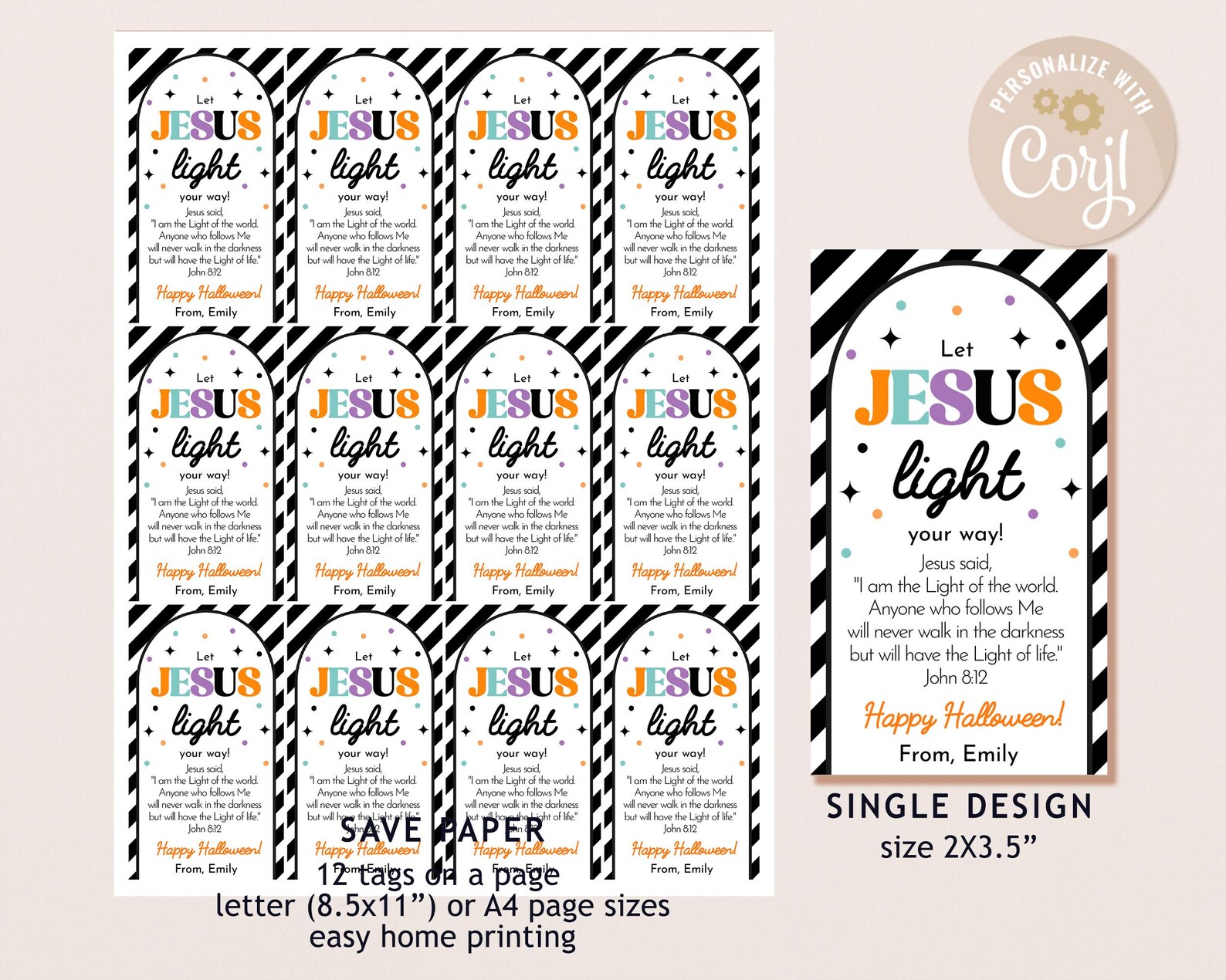 Let Jesus Light Your Way Tag, Religious Halloween Favor Tags, Christian ...