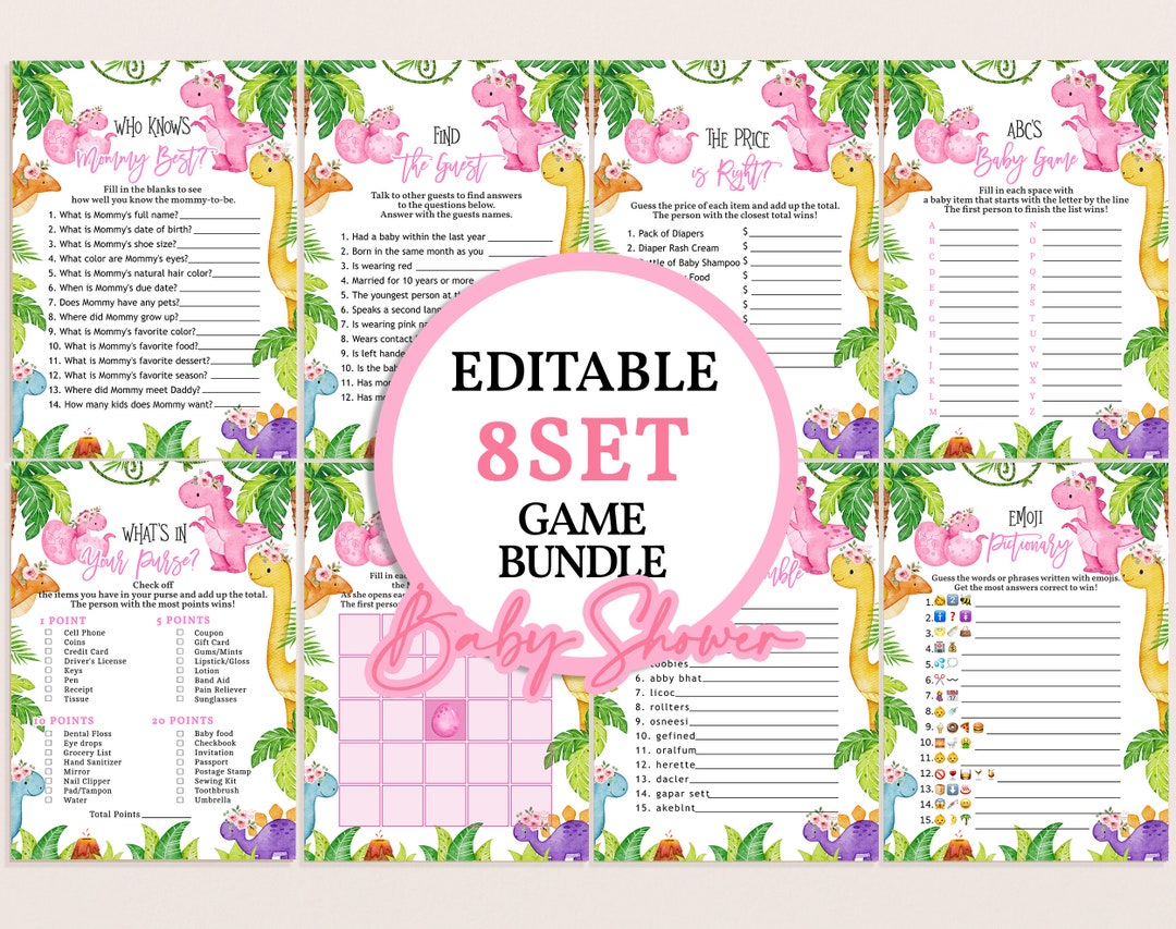 Dinosaur Baby Shower Games Set Its a Girl Cute Dino Jungle Animal ...