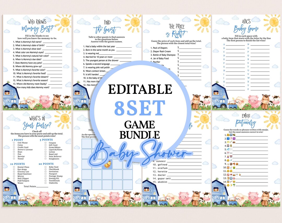 Farm Animal Baby Shower Games Set Barn Animals Baby Shower Bundle Blue ...