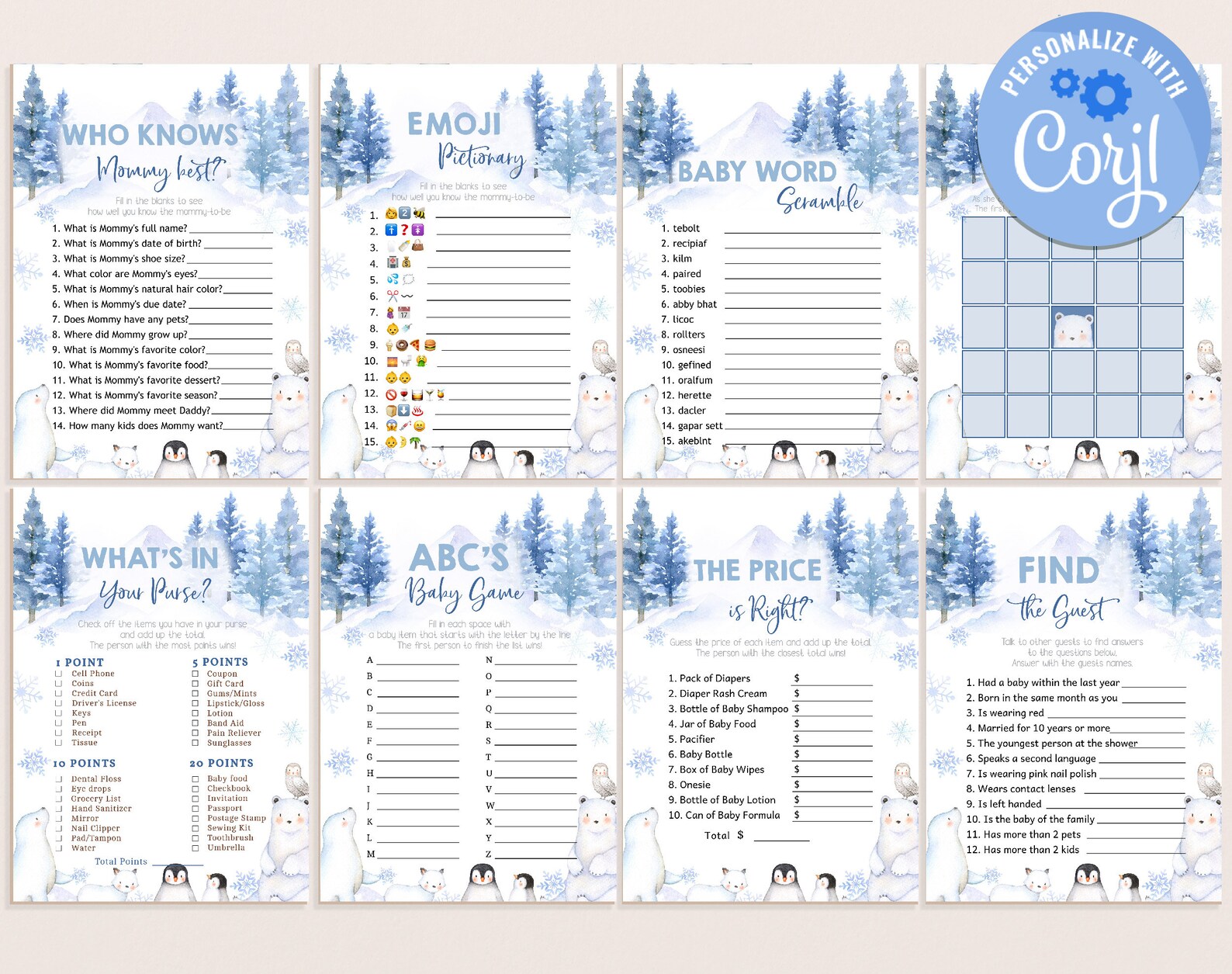 Winter Wonderland Baby Shower Games Set Polar Bear Bundle - Etsy