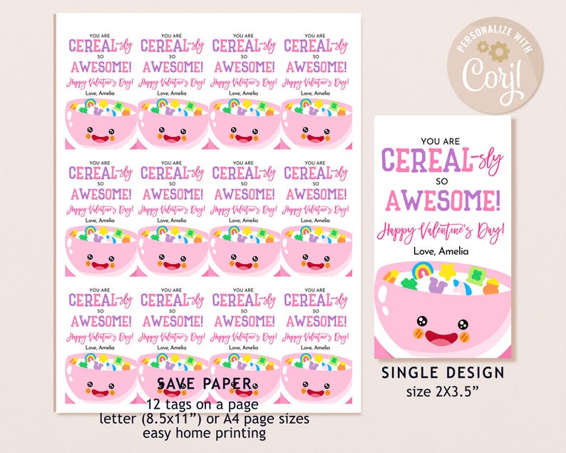 Cereal Valentine's Day Gift Tag, You Are Cerealsly so Awesome, Kids ...