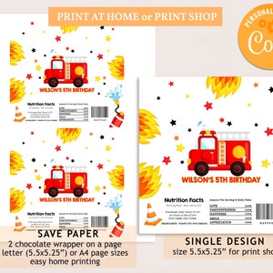 Firetruck Chocolate Wrapper Firefighter Candy Bar Wrapper Fireman ...