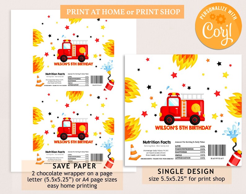 Firetruck Chocolate Wrapper Firefighter Candy Bar Wrapper - Etsy