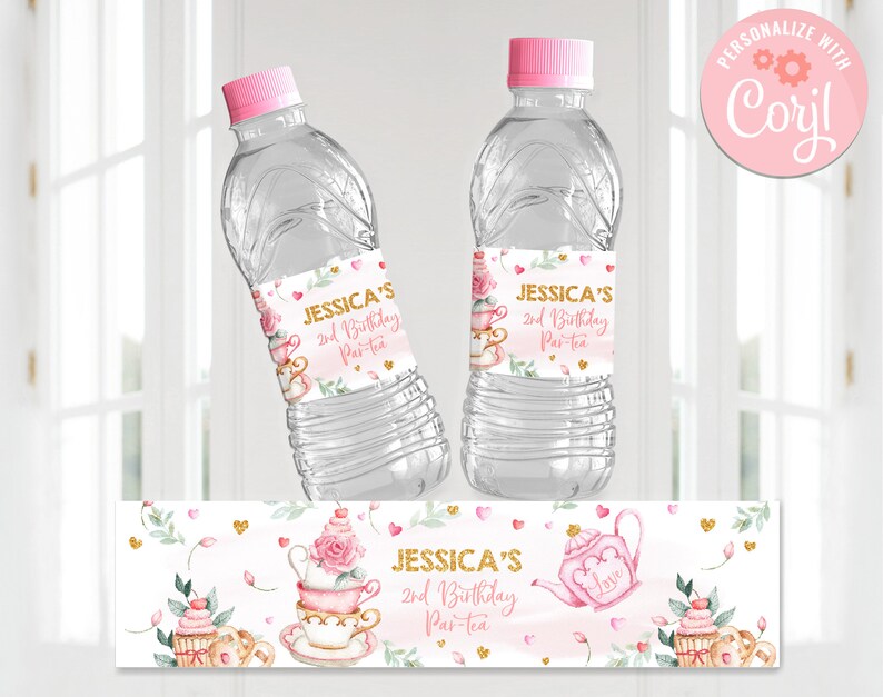 Tea Party Water Bottle Label Girl 1st Birthday Decor Gold Blush Pink ...