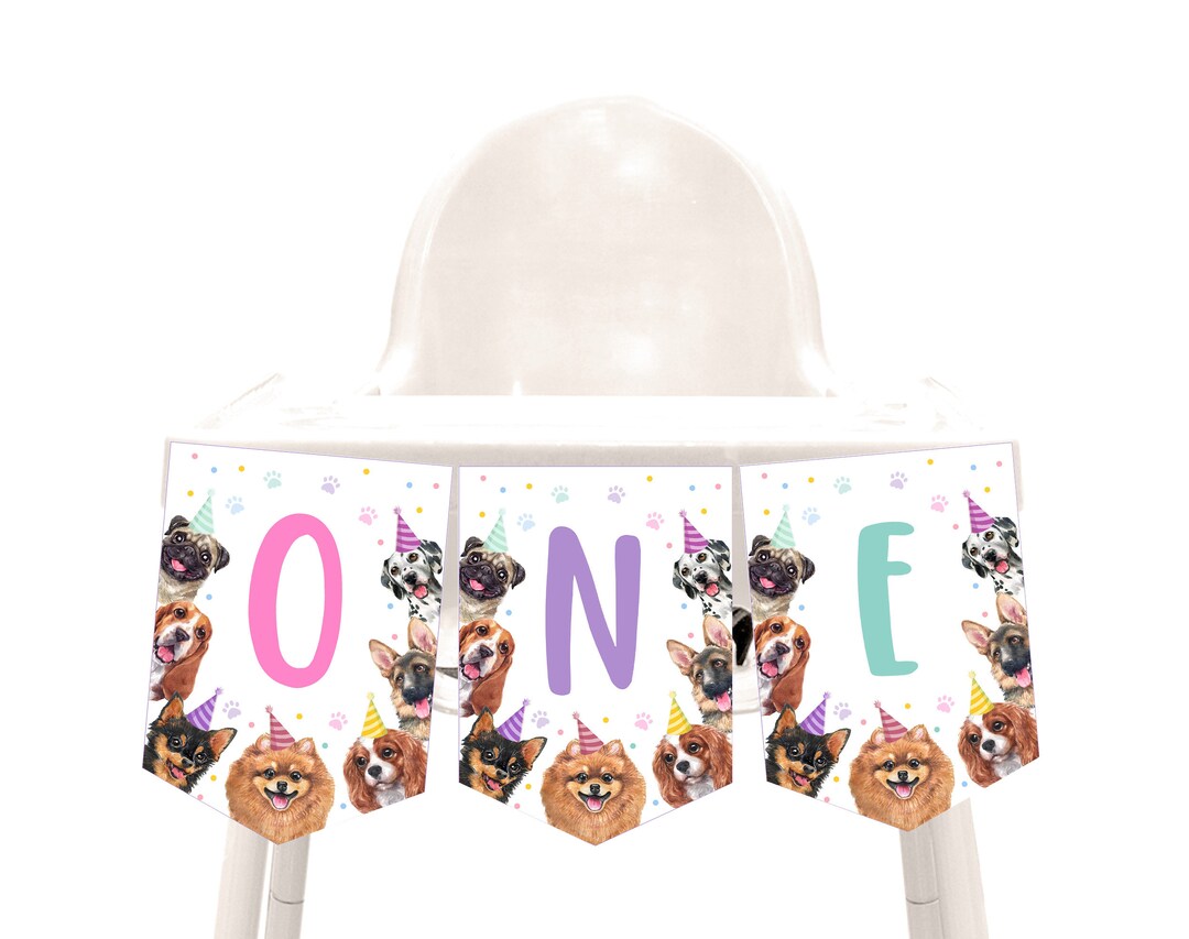 Dog High Chair Banner Girl 1st Birthday Decor Pink Puppy Pawty Bunting ...