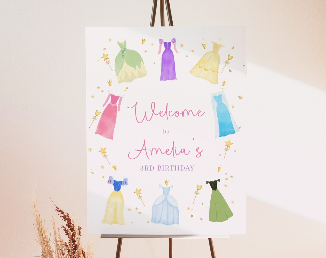 Princess Birthday Welcome Sign Once Upon a Time Princess Dresses Poster ...