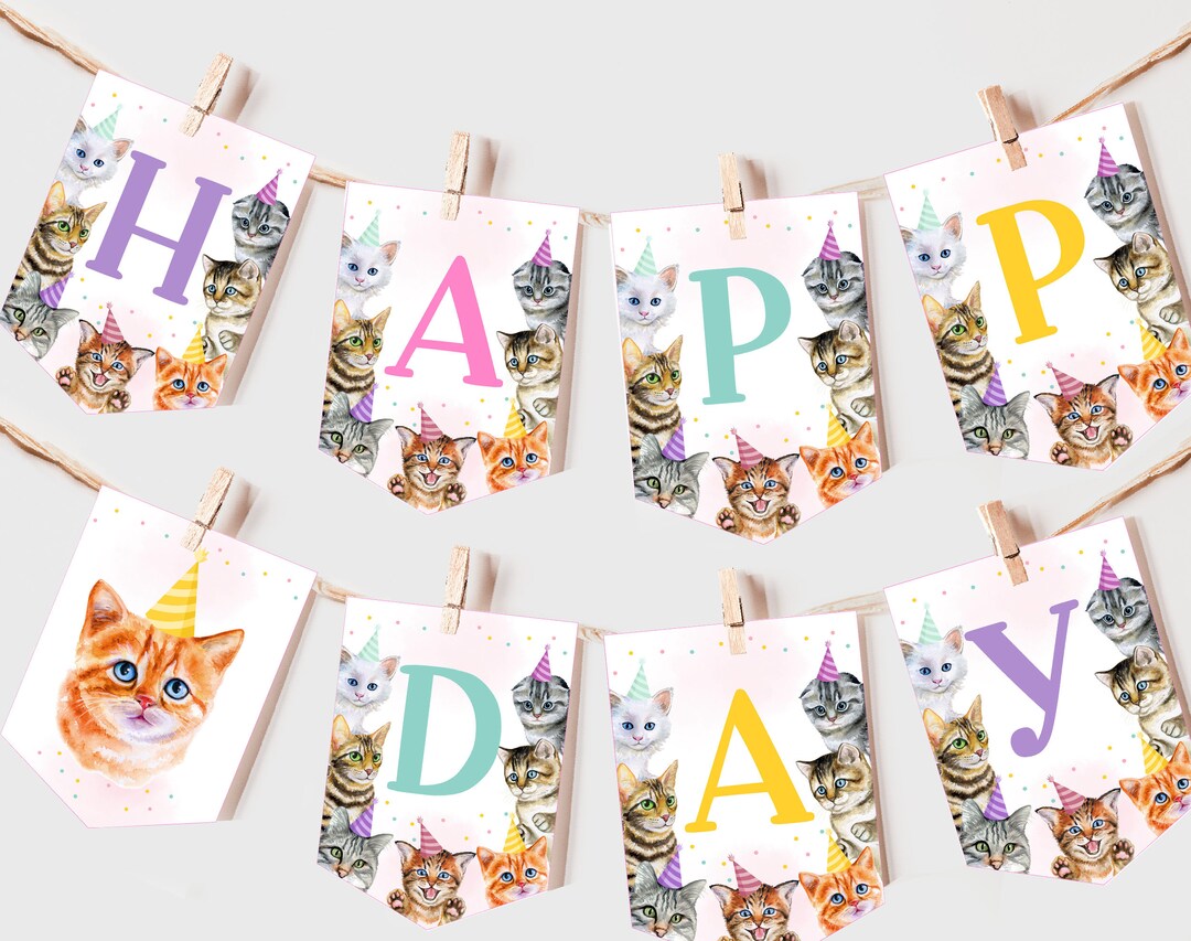 Cat Birthday Banner Girl Kitty Birthday Party Decor Kitten Garland Pet ...
