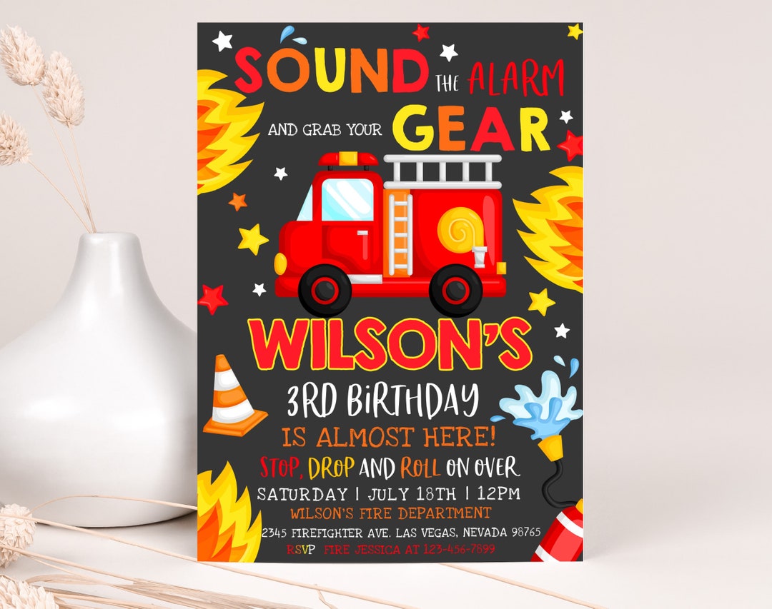 Firetruck Birthday Invitation Firefighter Birthday Invite Fireman Party ...