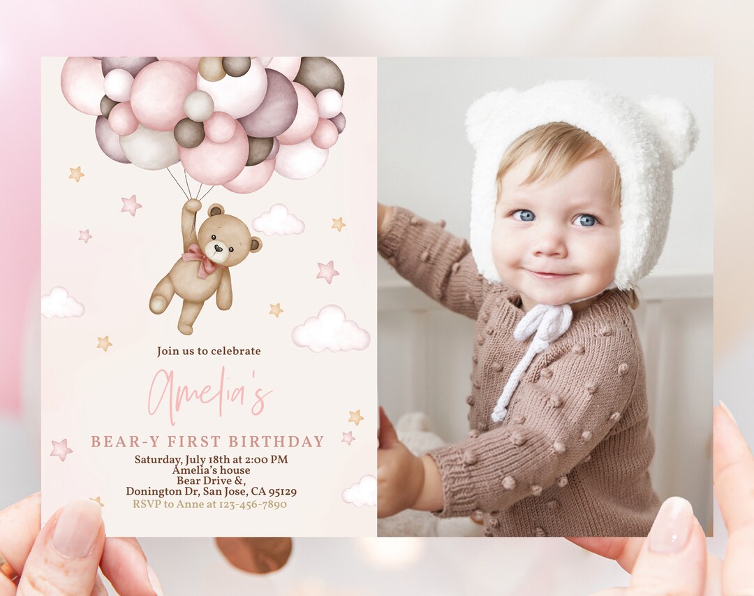 Teddy Bear Photo Invitation Beary First 1st Birthday Party Invite Boho ...