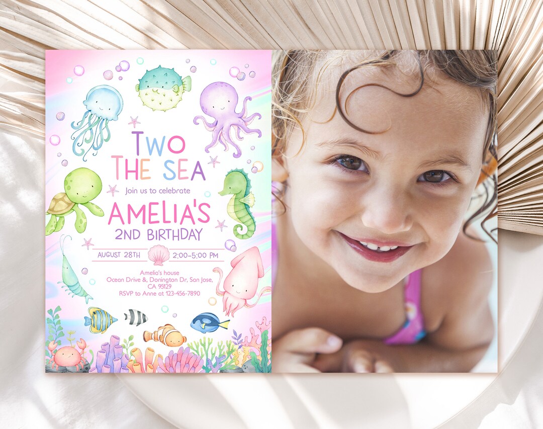 Two the Sea Birthday Photo Invitation Under the Sea Girl 2nd Party ...