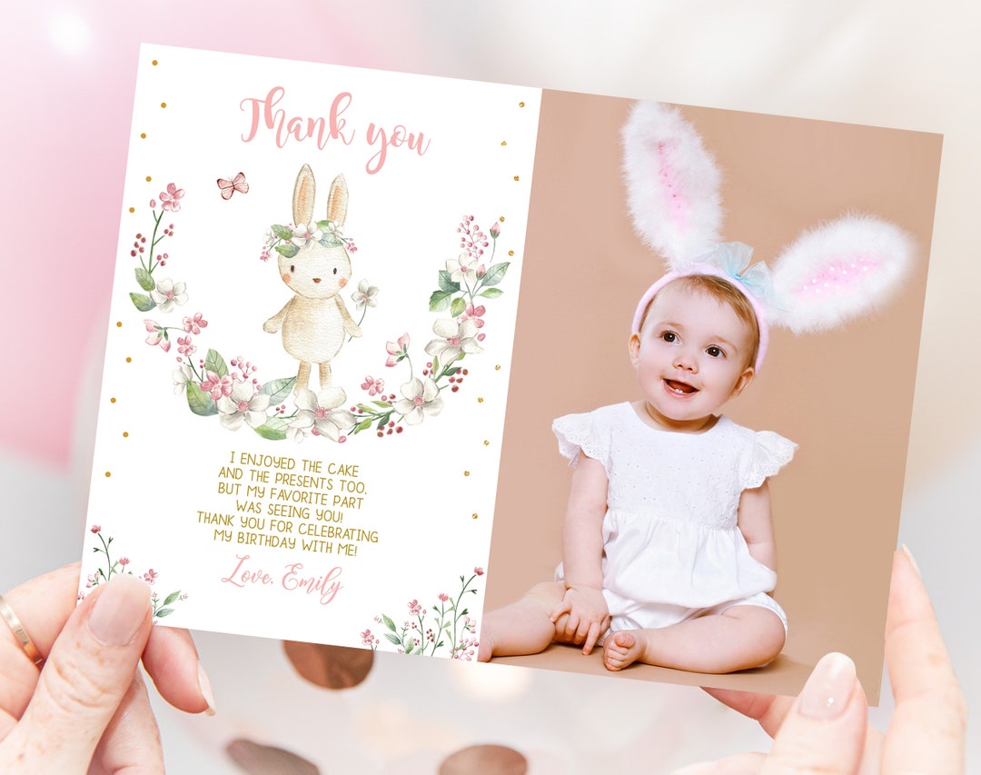 Bunny Birthday Photo Thank You Card Boy Girl 1st Easter Party Thank You ...
