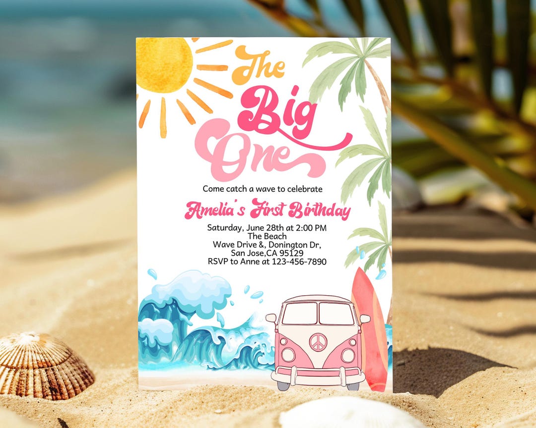 The Big One Surf Birthday Invitation Girl Surfs up 1st Invite Pink ...