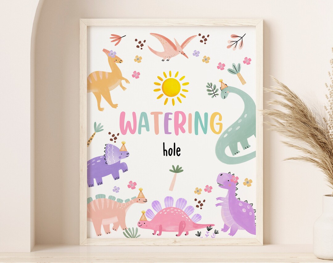 Pastel Dinosaur Baby Shower Table Sign Watering Hole Boy Girl 1st ...
