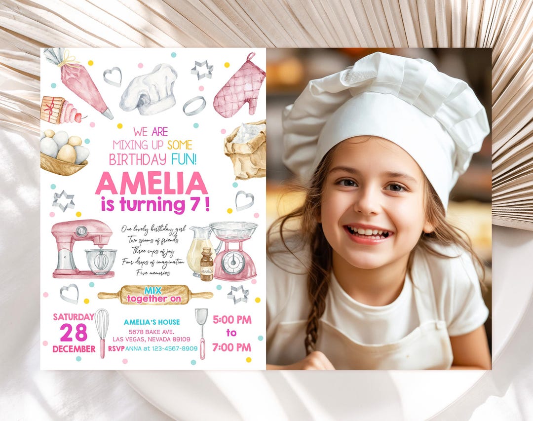 Baking Birthday Photo Invitation Girl Chef Birthday Invite Cooking ...