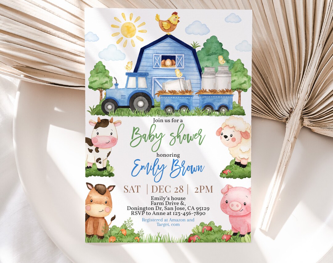 Farm Baby Shower Invitation Barn Animals Baby Shower Invite Boy Blue ...