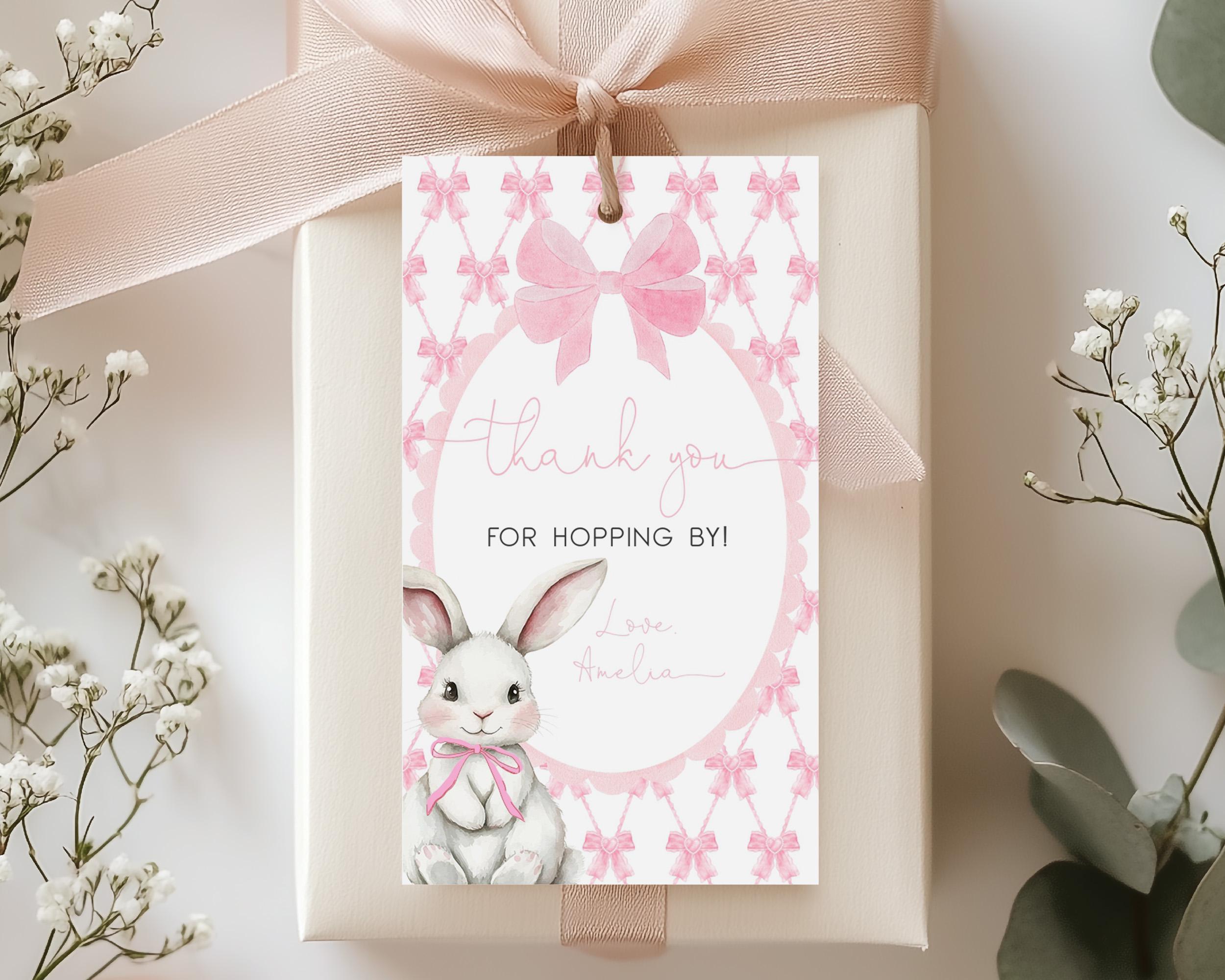 Bunny Birthday Gift Tag Pink Bow Gingham Coquette Baby Shower Favor Tag ...