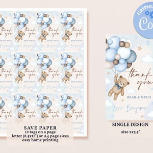 Teddy Bear Birthday Gift Tags Beary First Boy Birthday Party Favor Tags ...