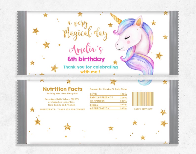 Unicorn Chocolate Wrapper Girl 1st First Birthday Candy Bar - Etsy