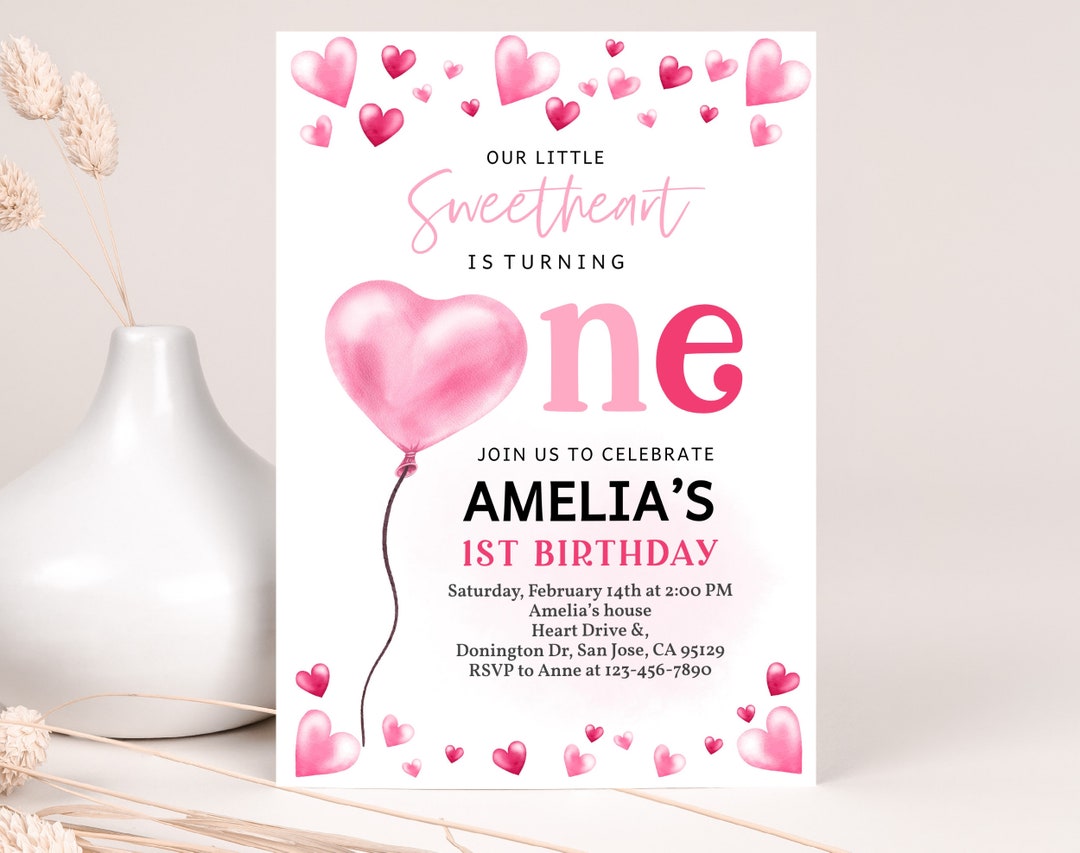 Pink Red Hearts Valentine's Day Birthday Invitation, Little Sweetheart ...