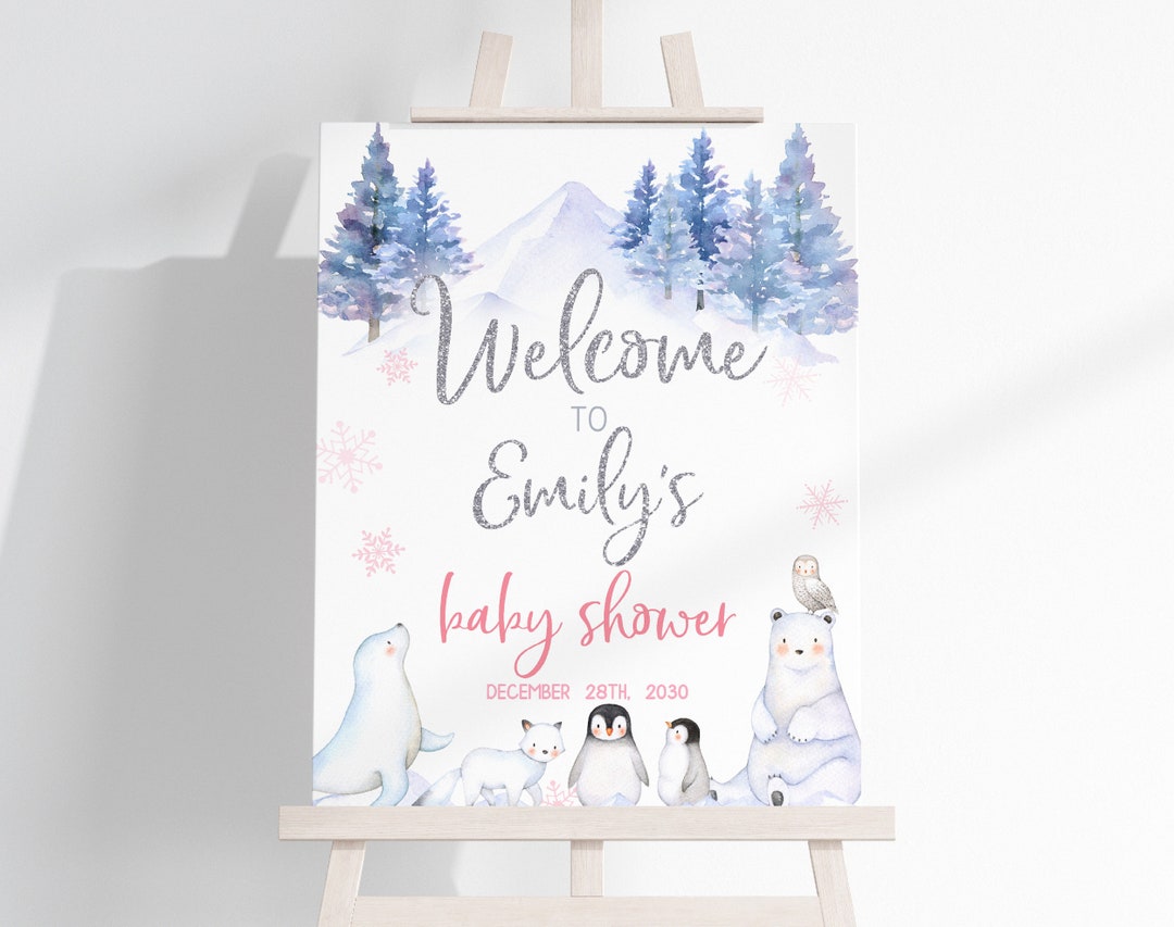 Winter Wonderland Welcome Sign Girl Baby Shower Poster Baby It's Cold ...