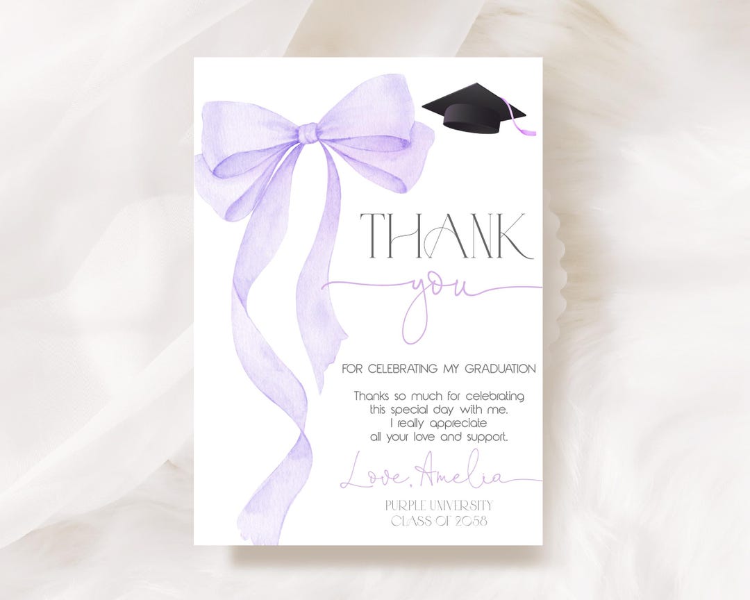 Purple Bow Graduation Thank You Card Coquette Bow Grad Party Thank You ...