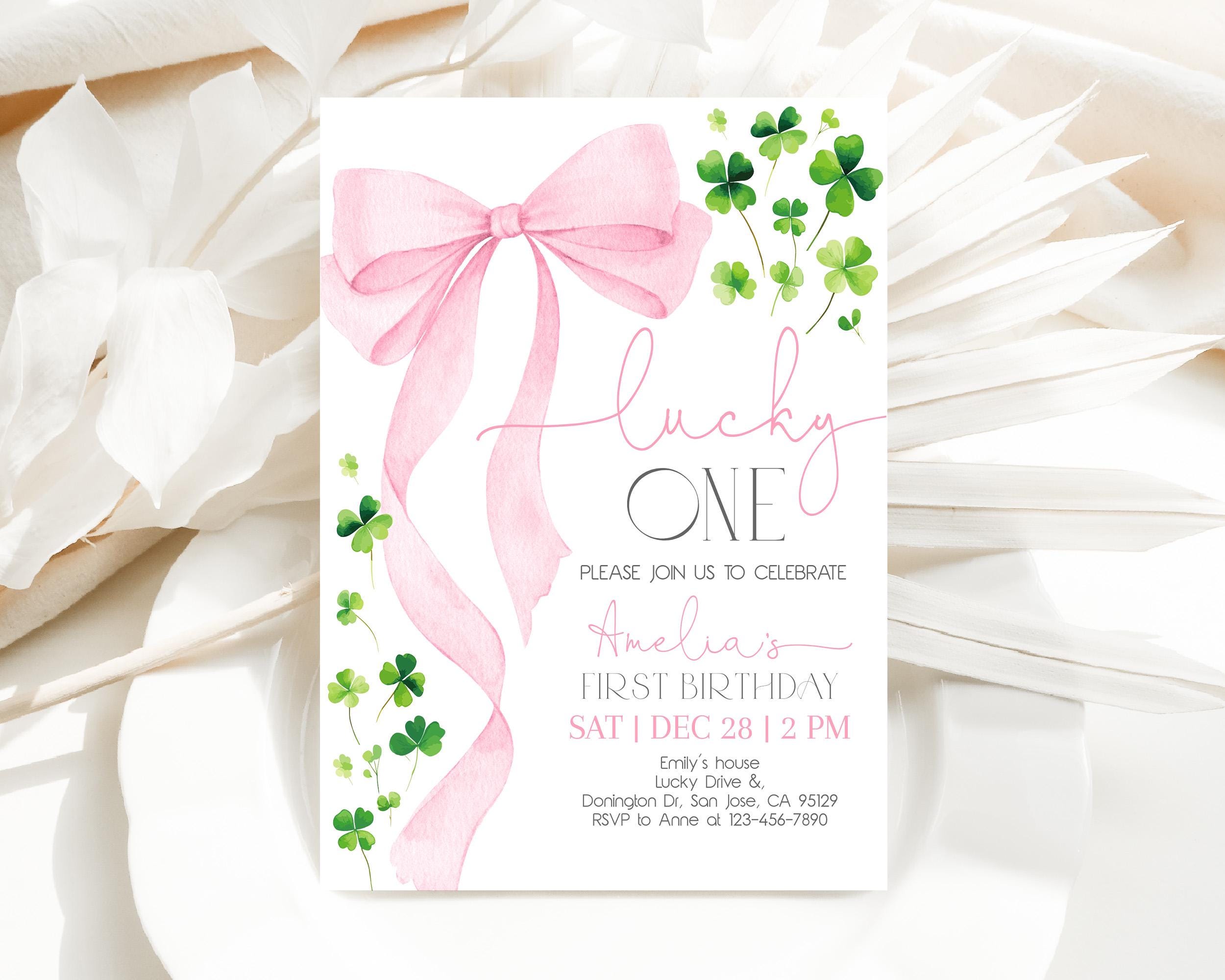 Lucky One Birthday Invitation St Patricks Day Invite Pink Bow Coquette ...