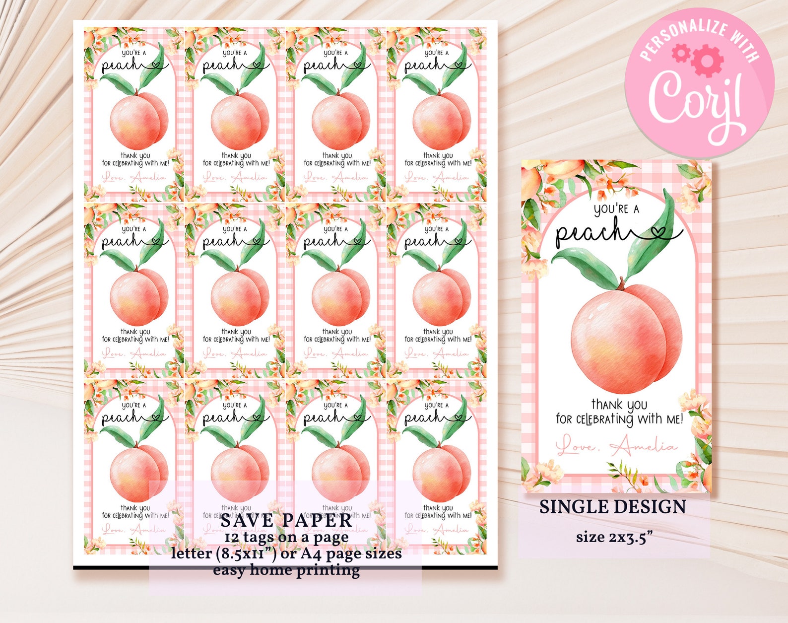 Peach Birthday Favor Tags One Sweet Peach Thank You Tags Sweet as a ...