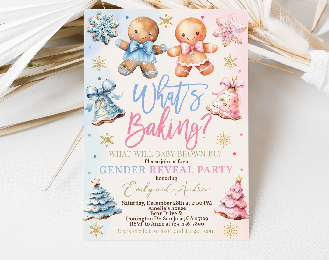 What's Baking Gender Reveal Invitation, Gingerbread Baby Shower Invite, Christmas Cookie, Blue ...