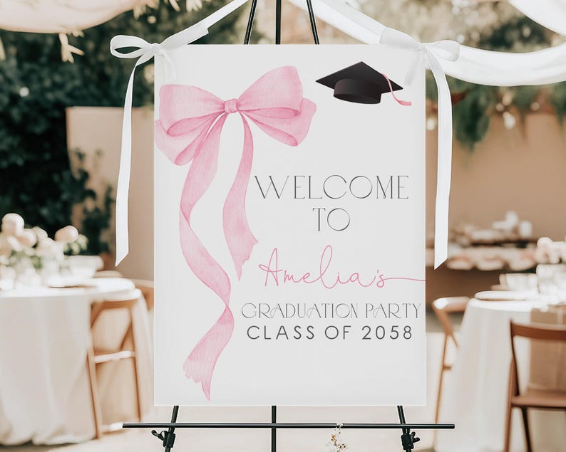 Pink Bow Graduation Welcome Sign Coquette Bow Grad Party Decor Soft ...