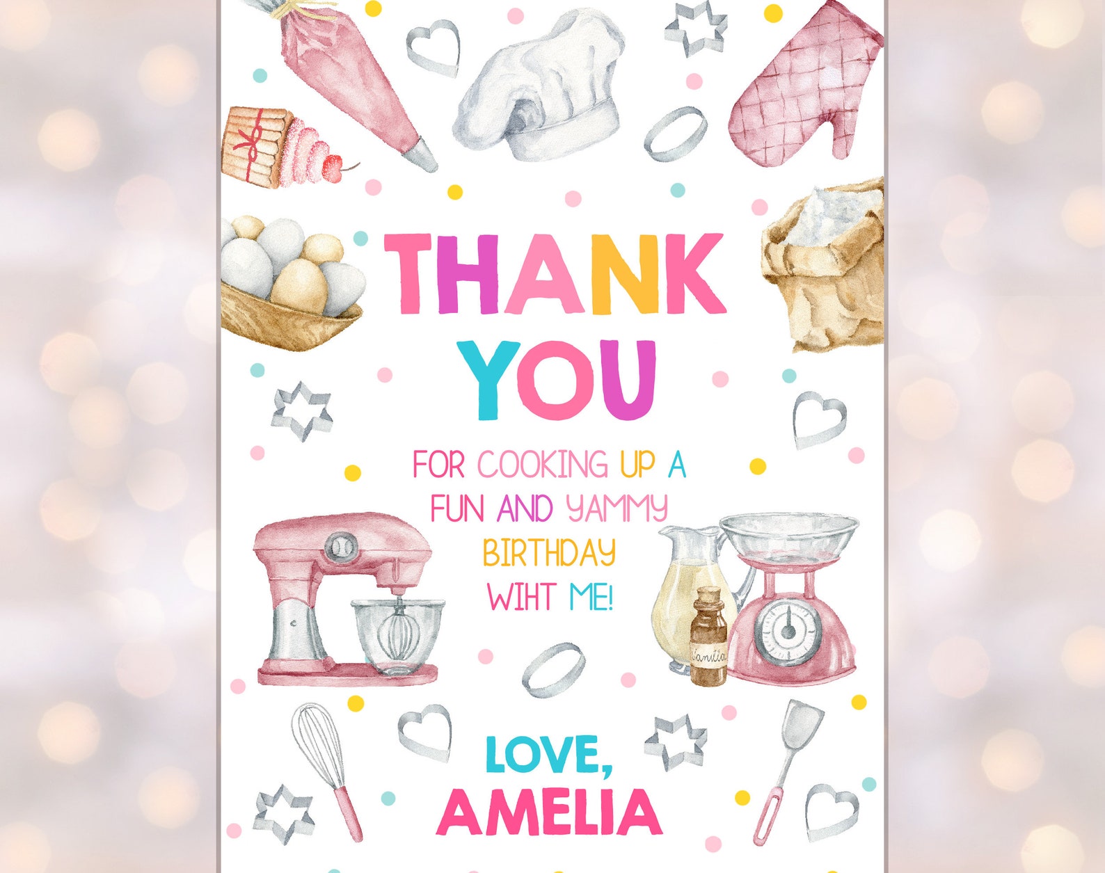 Baking Birthday Thank You Card Girl Chef Pink Cooking Party Thank You ...