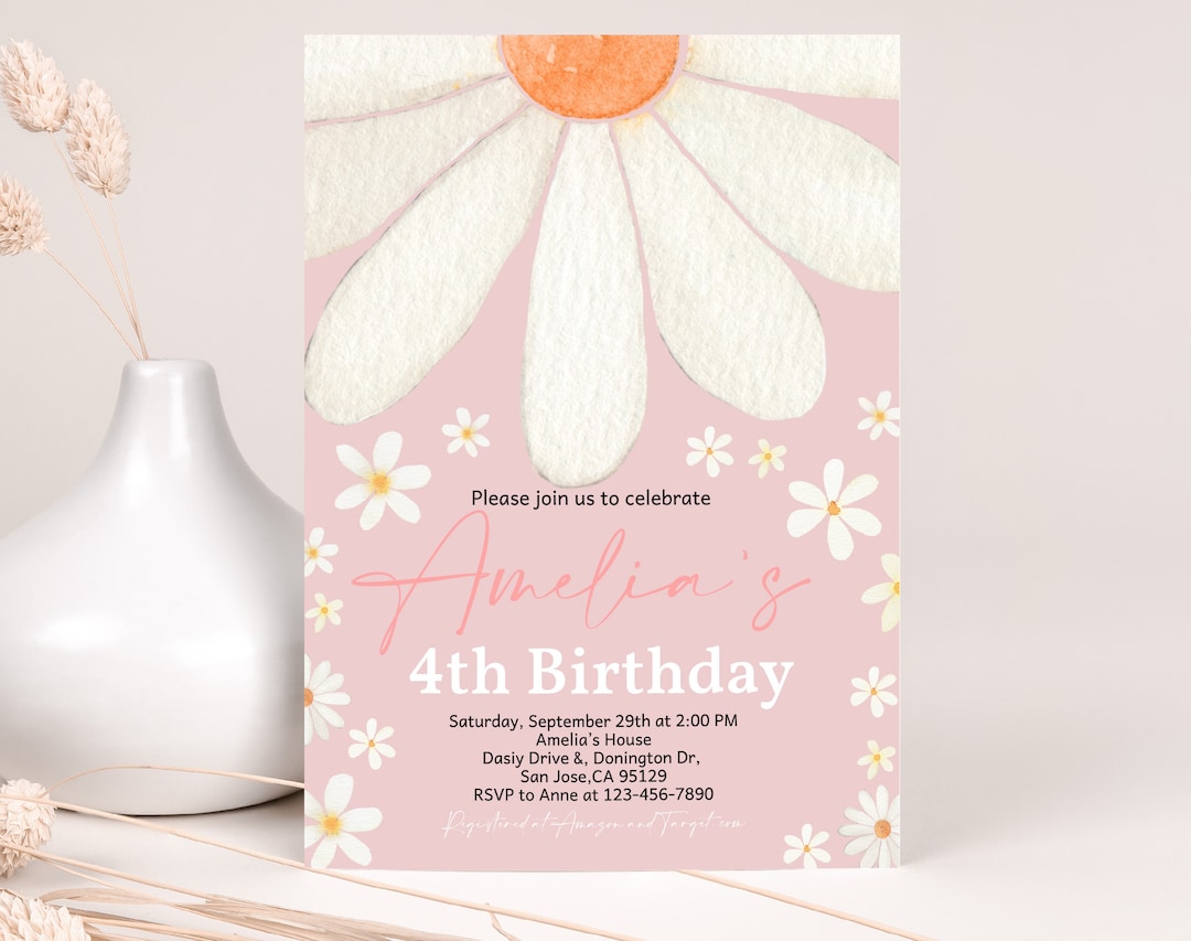 Daisy Birthday Invitation Any Age, Pink Wild Flower Invite, Retro ...