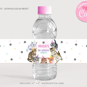 Cat Water Bottle Label Girl 1st Birthday Party Decor Pink Kitty Cat ...