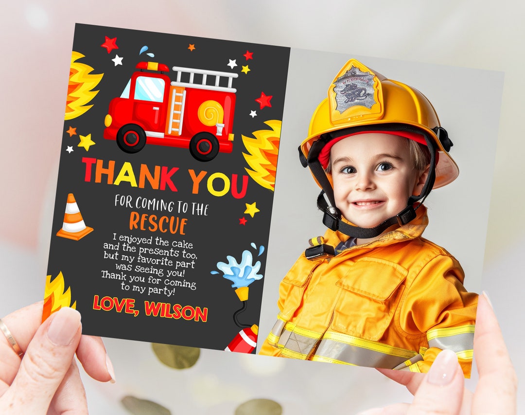 Firetruck Photo Thank You Card Boy 1st Birthday Party Favors Fireman ...