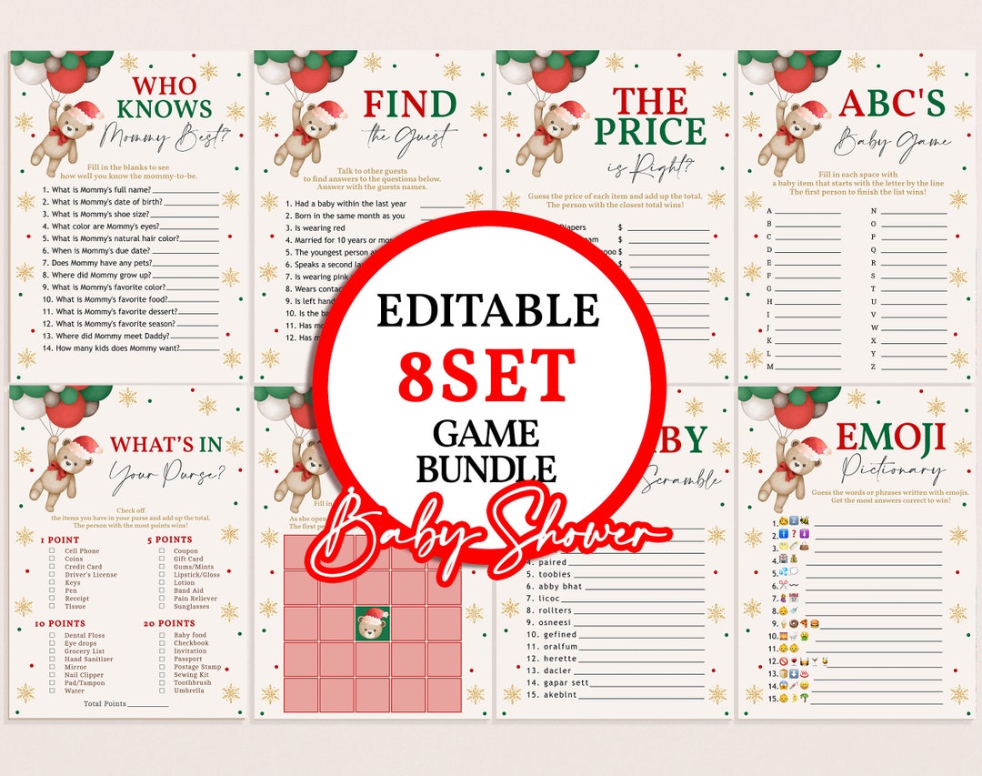 Teddy Bear Baby Shower Games Set Winter Baby Shower Game Christmas ...