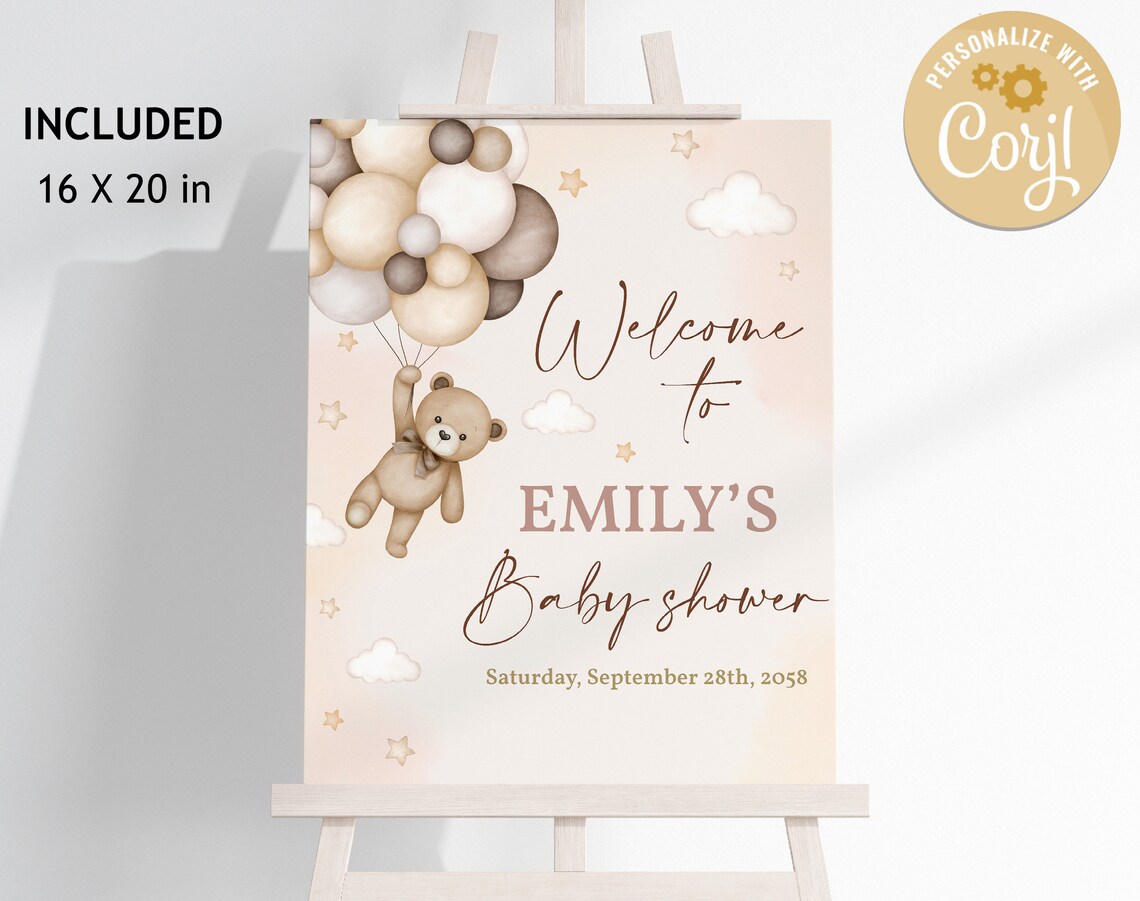 Teddy Bear Welcome Sign Beige Bear Baby Shower Poster Bearly - Etsy