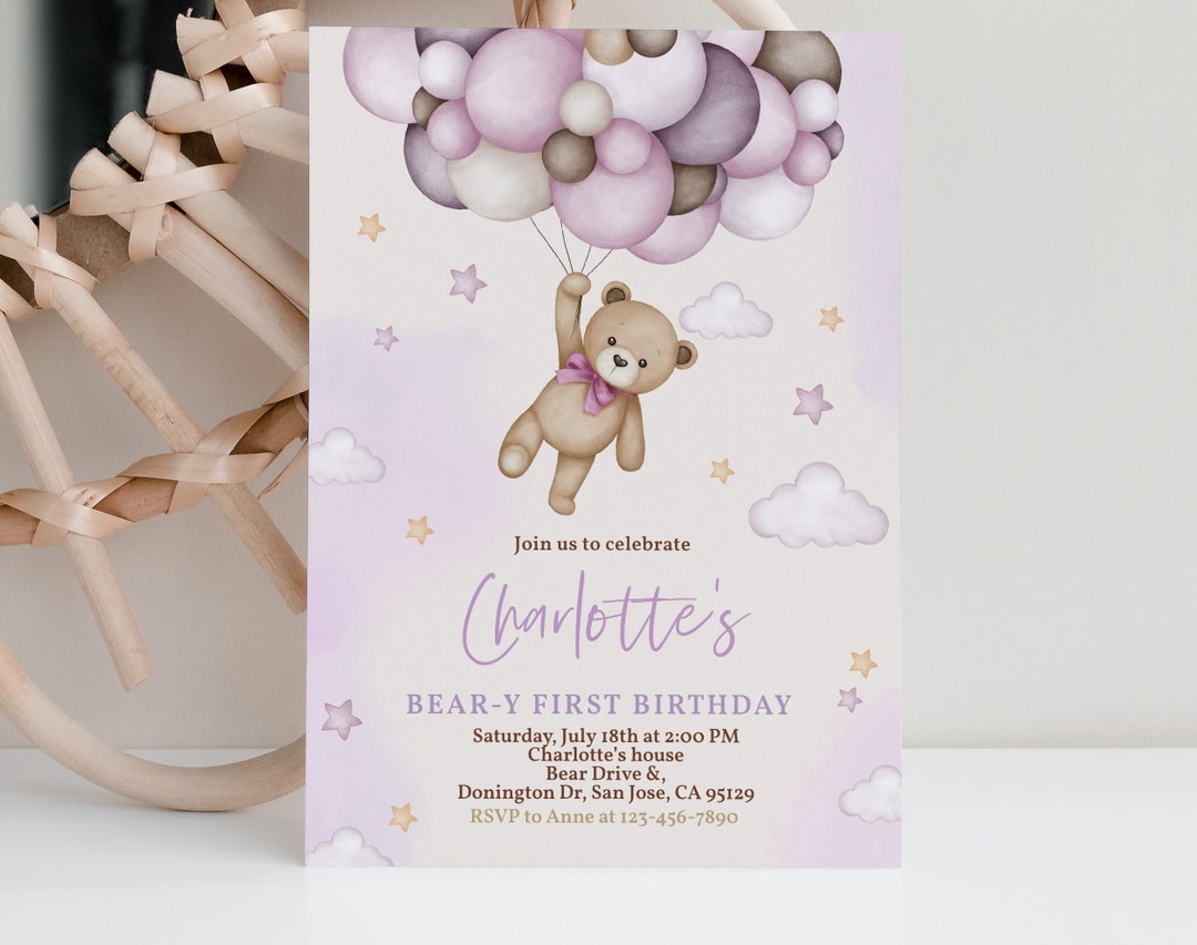 EDITABLE Teddy Bear Invitation Girl Birthday Party Invites 1st - Etsy