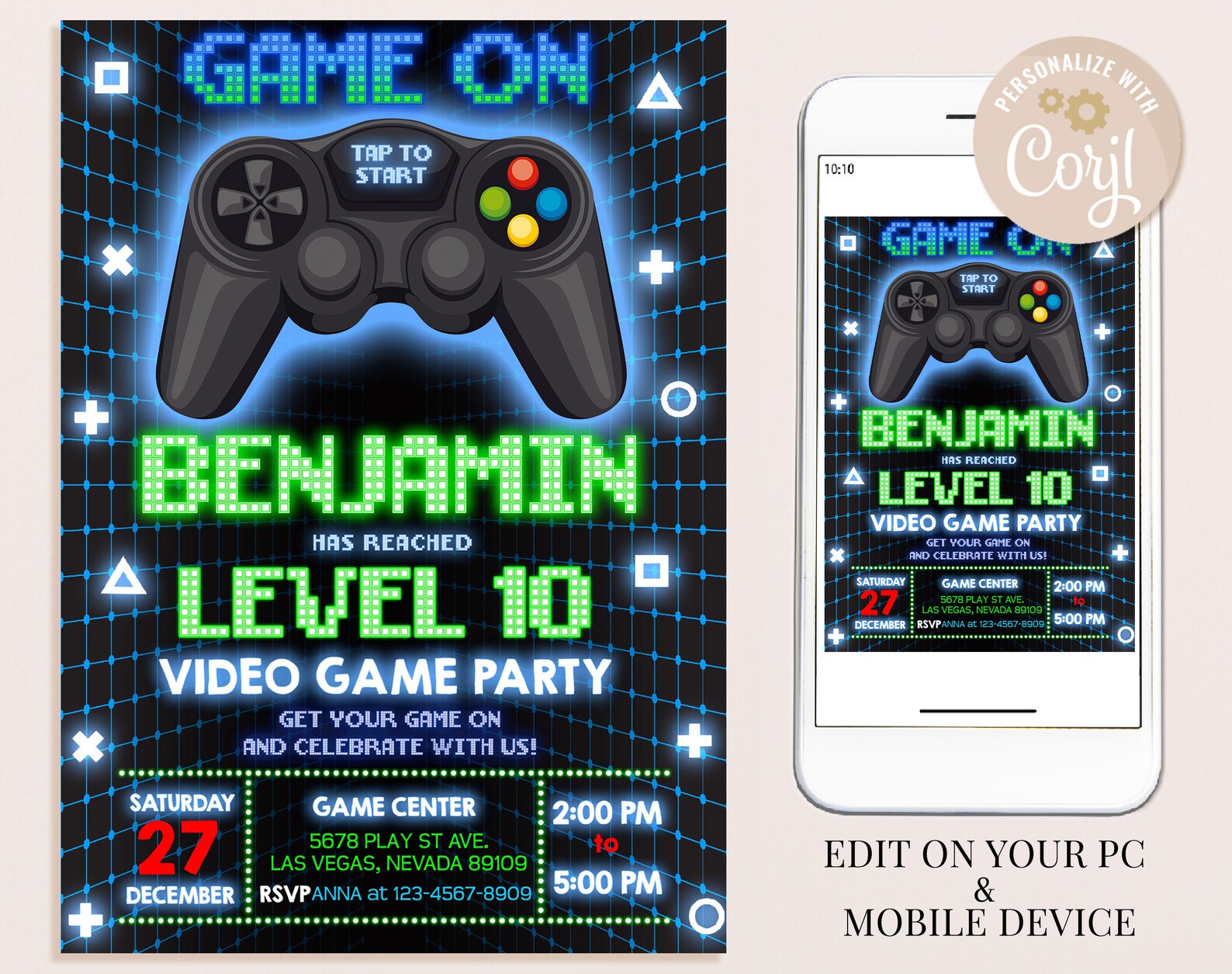 Video Game Invitation Birthday Party Invites Arcade Gaming Boys Gamer ...